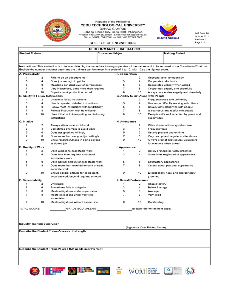 Performance Evaluation: OJT Form 7C October 2012 Revision: 0 Page 1 of ...