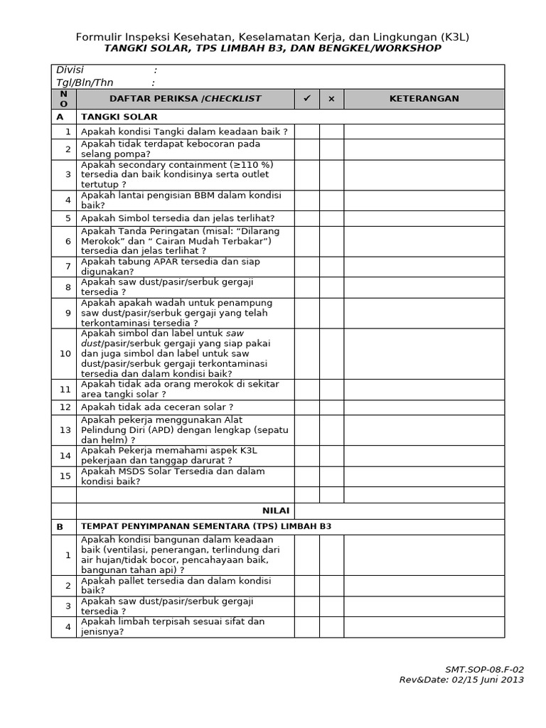 SMT - SOP-08.F-02 Formulir Inspeksi K3L Bulanan-Tangki Solar, Limbah B3 ...