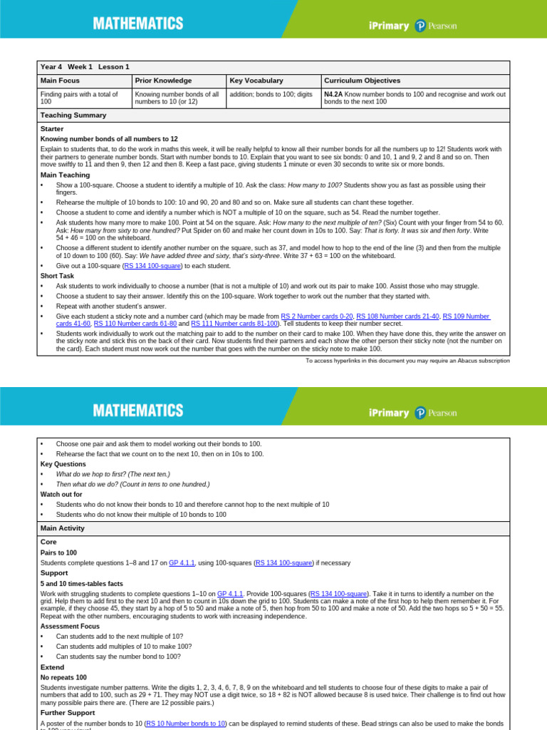 Ip LP Ip Maths Y4 w01 | PDF