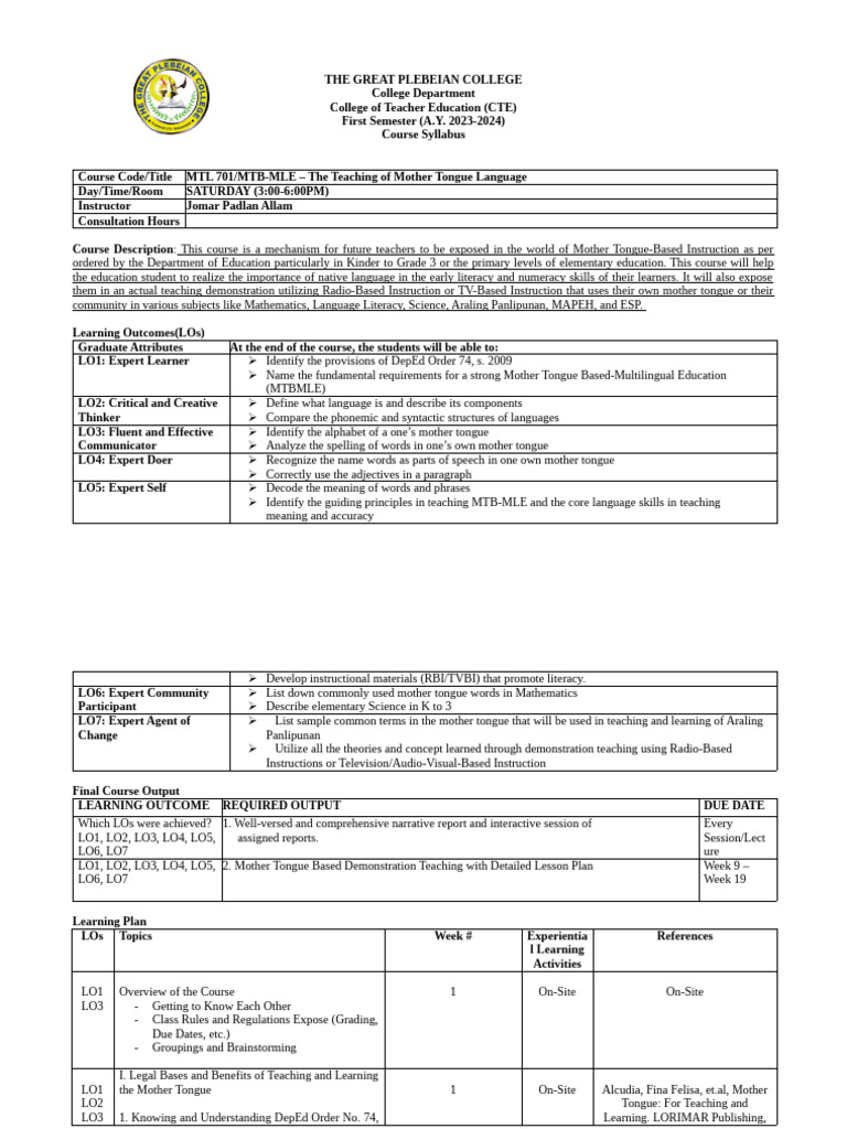 Course - Syllabus - MTL701 MTB MLE - The Teaching of Mother Tongue Language - Allam - Jomar ...