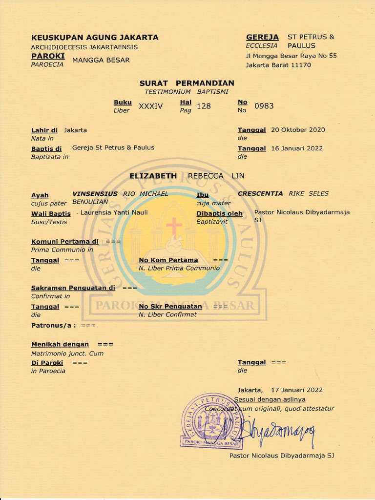 Surat Baptis Rebecca | PDF