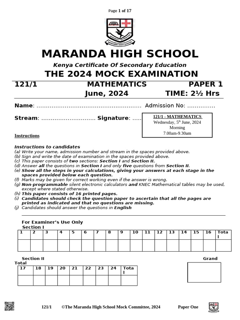 Maths Mock Paper 1 | PDF