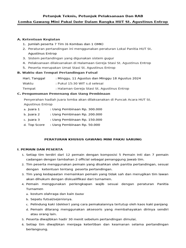 Petunjuk Teknis, Petunjuk Pelaksanaan Dan RAB Gawang Mini Pakai Daster | PDF