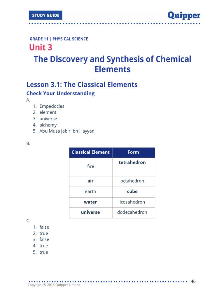 PS SHS Unit 3 The Discovery and Synthesis of Chemical Elements (Answer ...