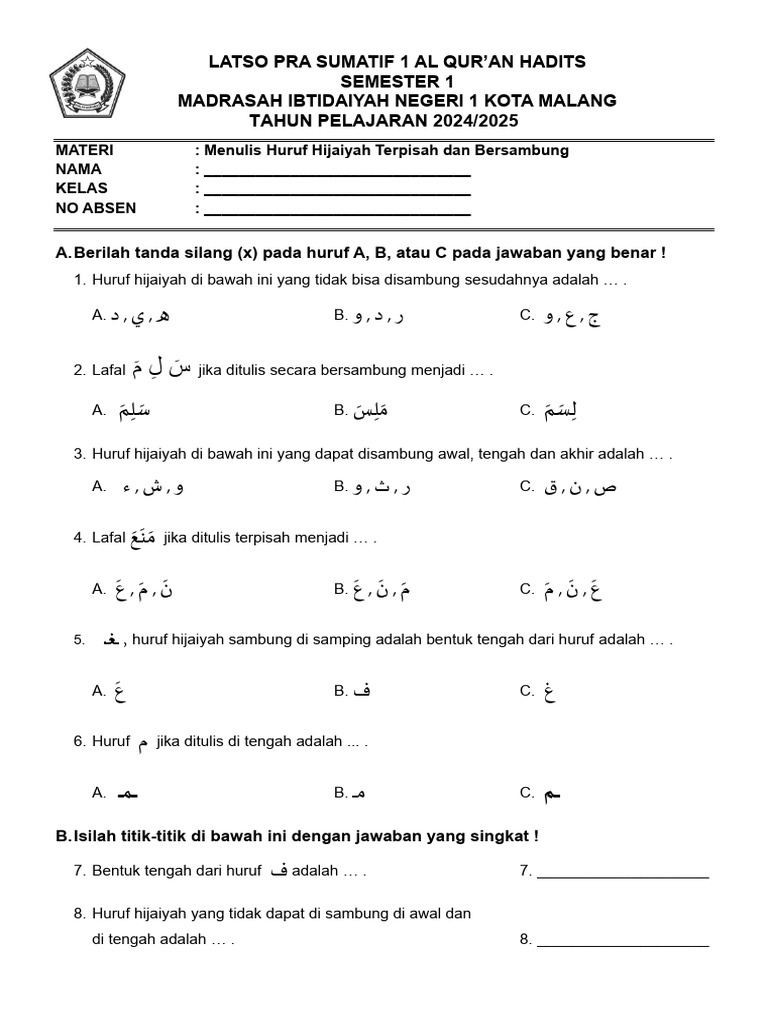 LATSO PRA SUMATIF 1 AL QURAN HAADITS pdf1723258142 | PDF