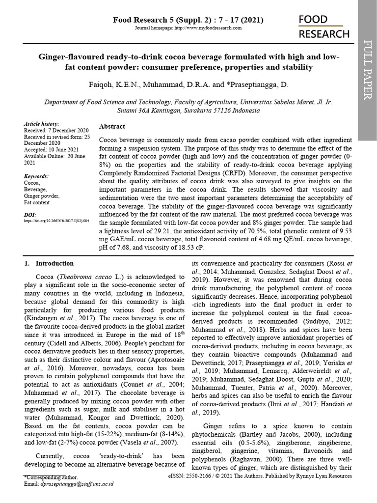 Ginger-Flavoured Ready-To-Drink Cocoa Beverage Formulated With High and Low Fat Content Powder ...