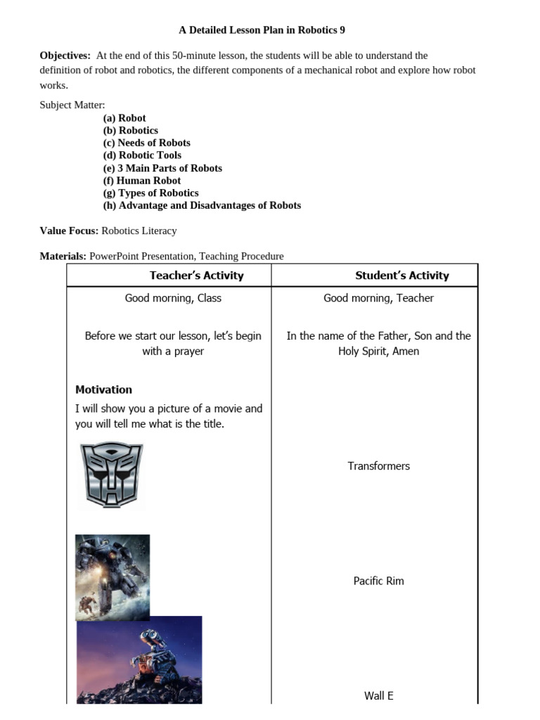 Grade 9 Robotics Lesson 1 | PDF