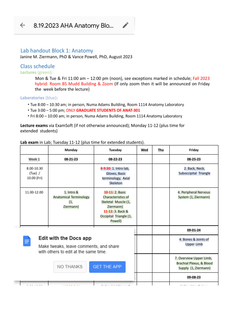 8.19.2023 AHA Anatomy Block 1 Labs Stephen | PDF | Vertebra | Wellness