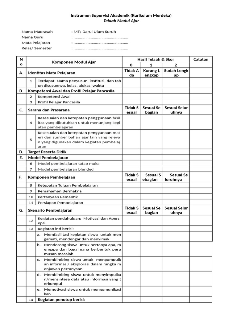 Instrumen Supervisi Penelaahan Modul Ajar | PDF