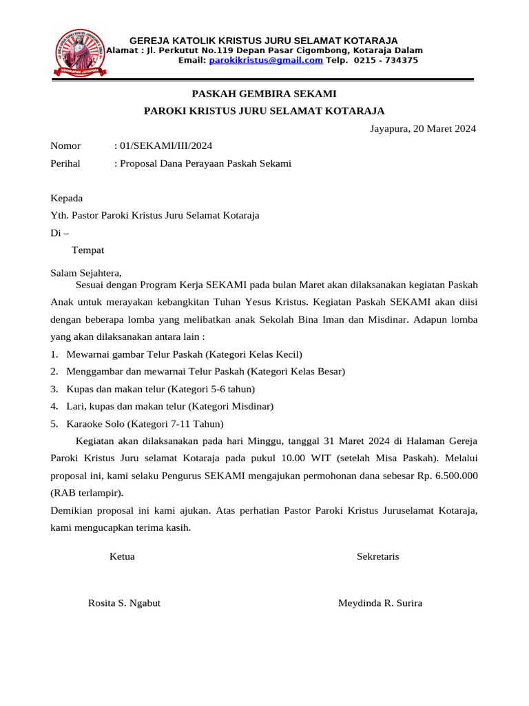 Proposal Biaya Paskah Gembira Sekami KJS | PDF