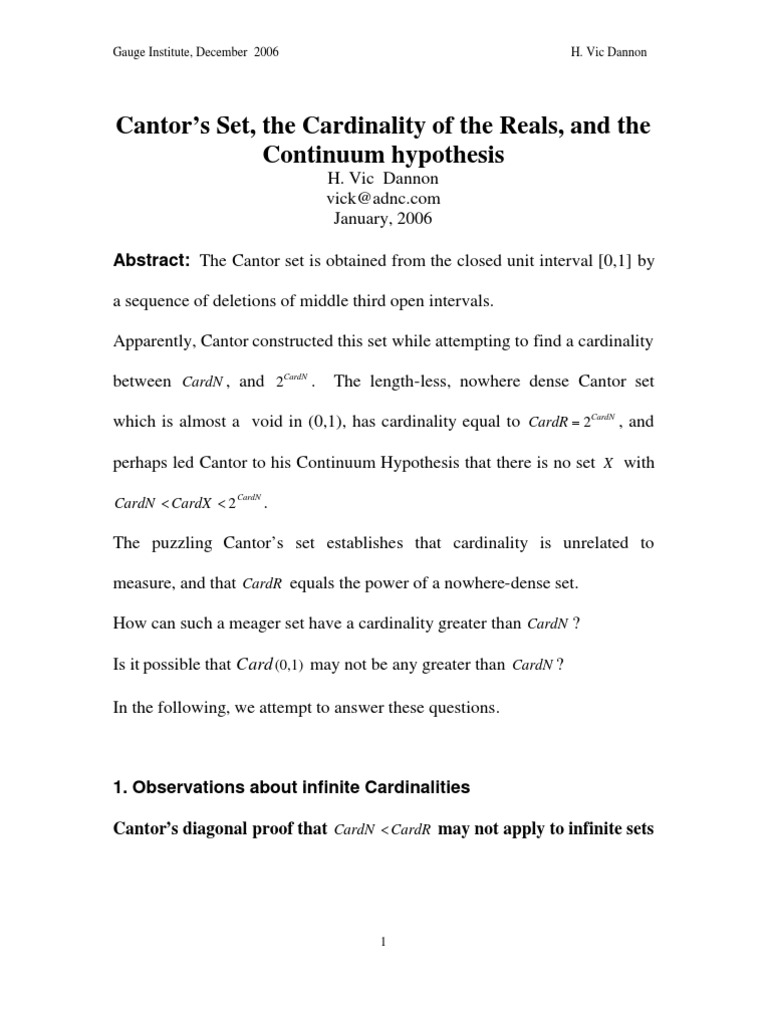 H. Vic Dannon - Cantor's Set, The Cardinality of The Reals, and The ... H. Vic Dannon - Cantor's Set, The Cardinality of The Reals, and The ...