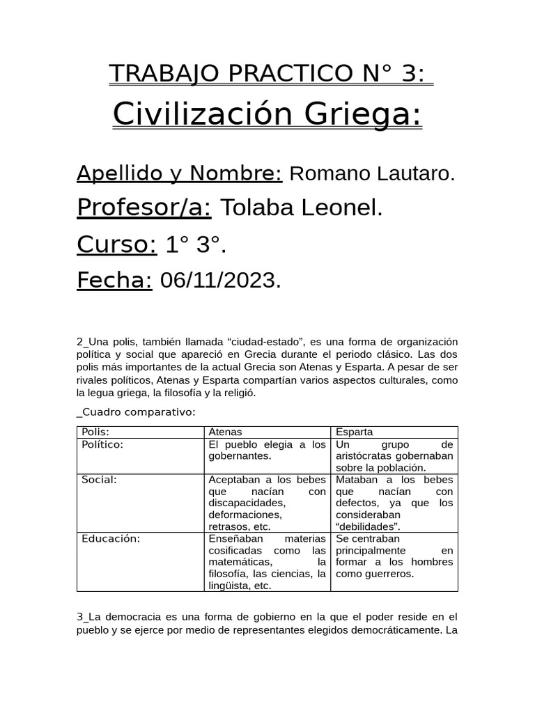 Trabajo Practico N° 3. Civilizacion Griega. (Historia). | PDF