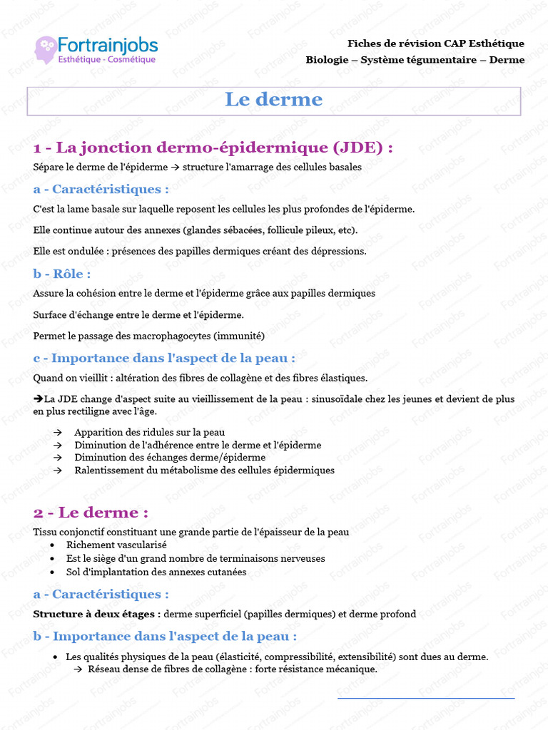CAP Bac Pro BTS Esthetique Biologie Systeme Tegumentaire Derme | PDF