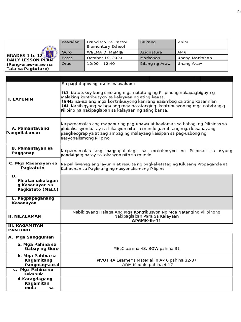 Memije - Ap6 - DLL - 1st | PDF | Philippines | Spanish East Indies