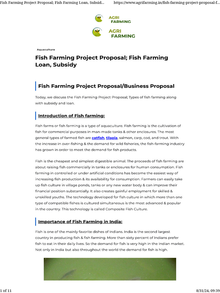 Fish Farming Project Proposal Fish Farming Loan, Subsidy - Agri Farming ...