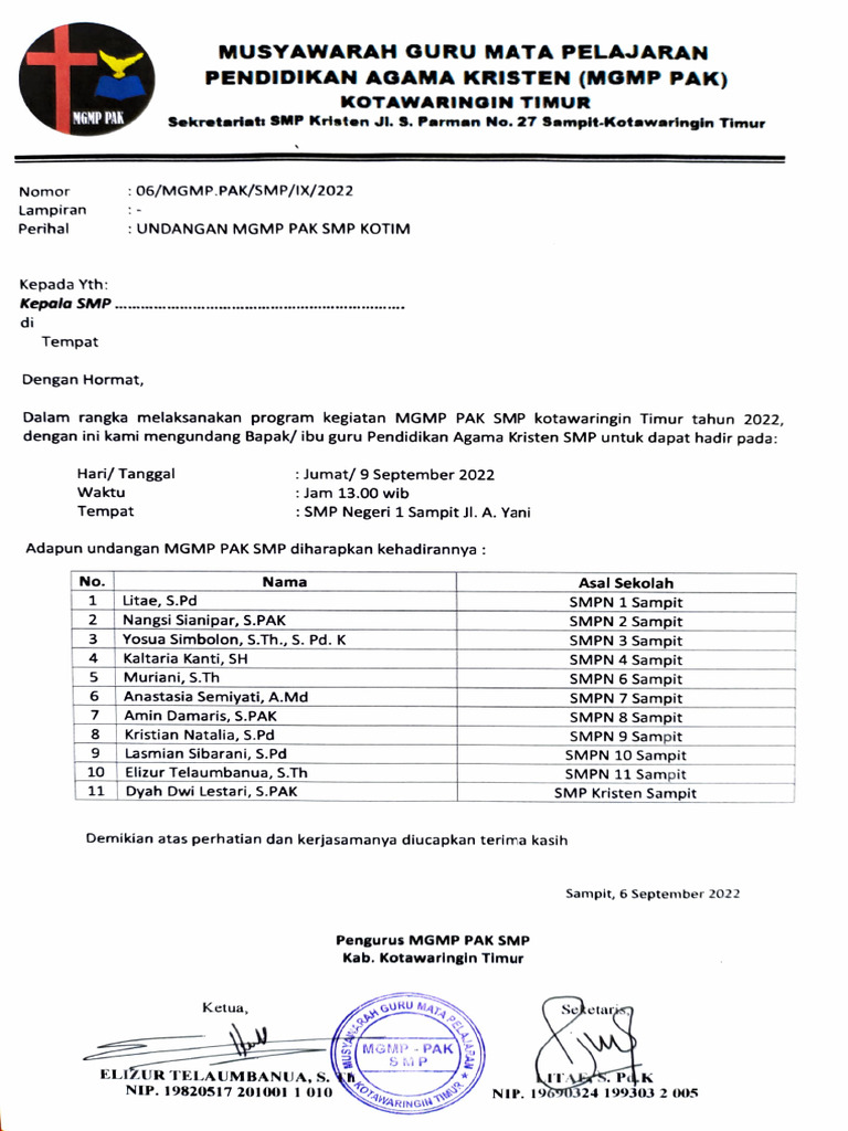 Undangan MGMP PAK SMP Kotim | PDF