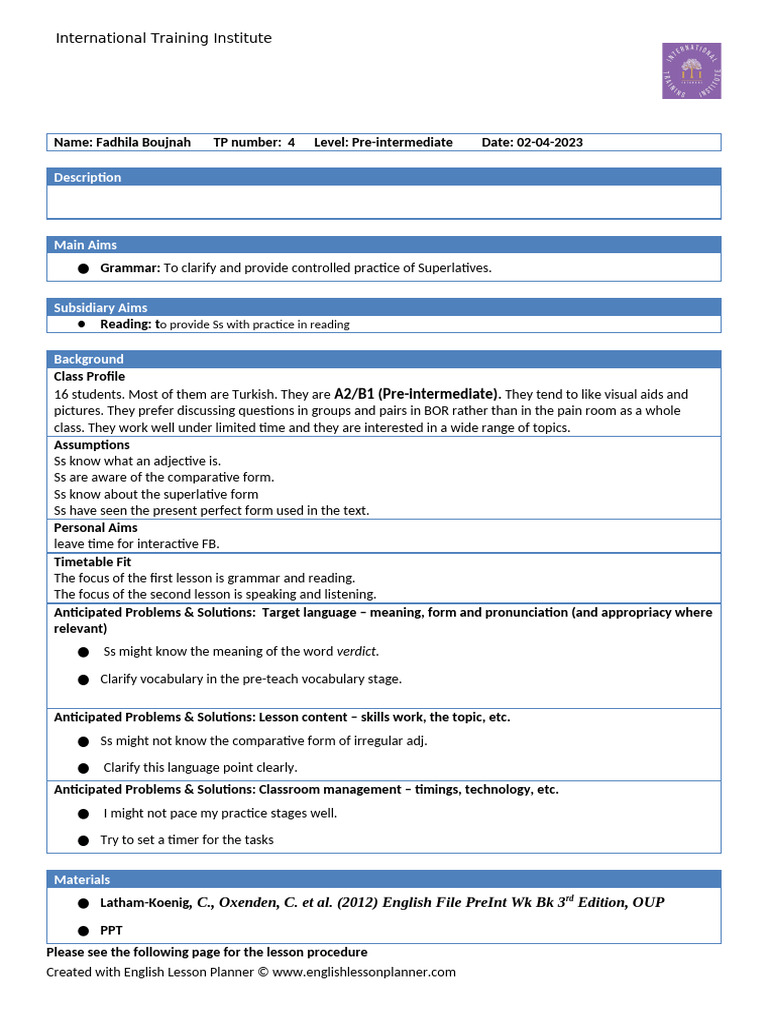 Lesson Plan TP4 | PDF