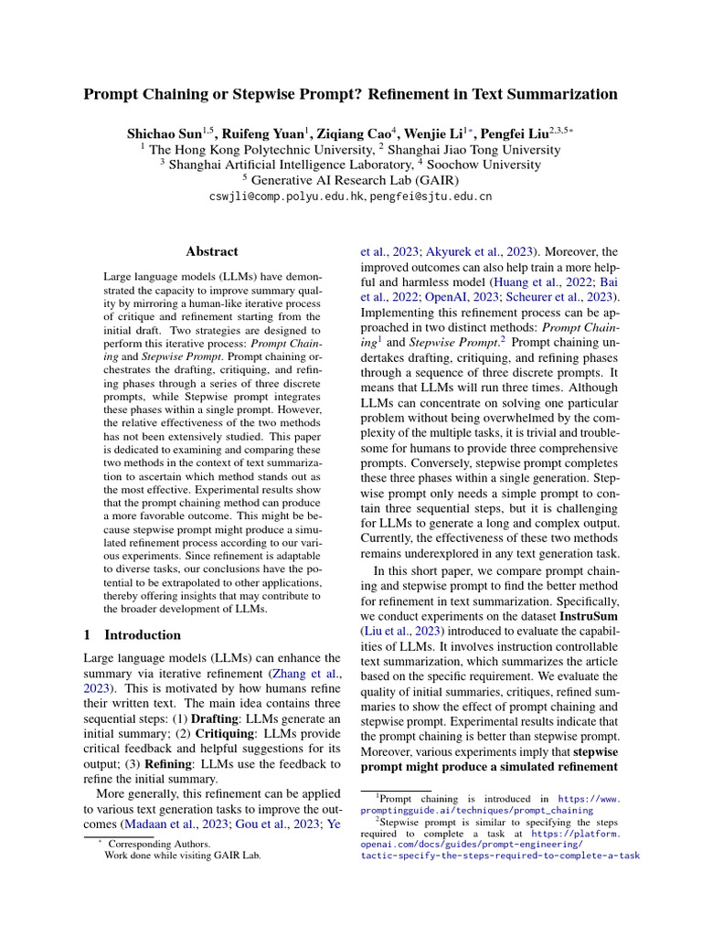 Prompt Chaining or Stepwise Prompt? Refinement in Text Summarization | PDF