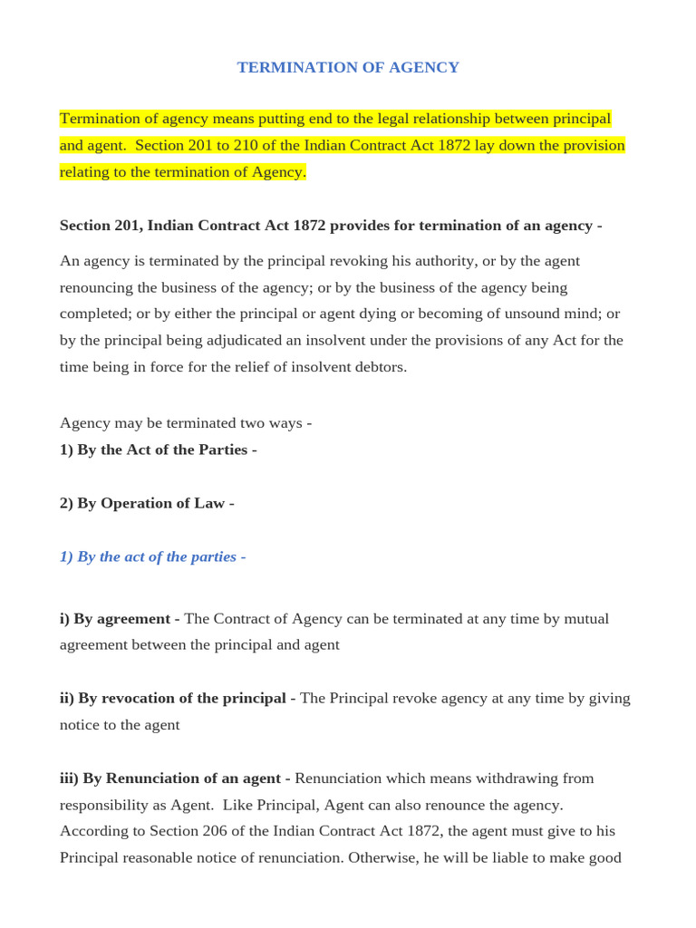 Section 201, Indian Contract Act 1872 Provides For Termination of An ...