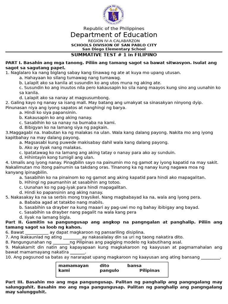 Summative Test in Filipino for Grade School | PDF | Philippines