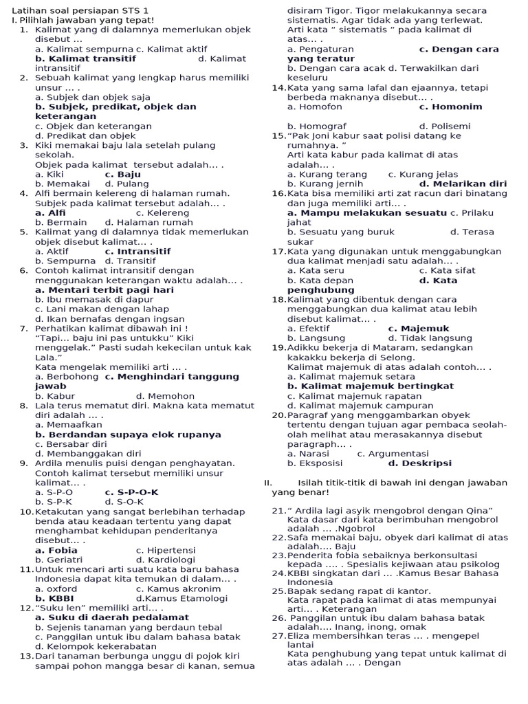 Latihan Soal + Jawaban Persiapan STS 1 Bahasa Indonesia | PDF