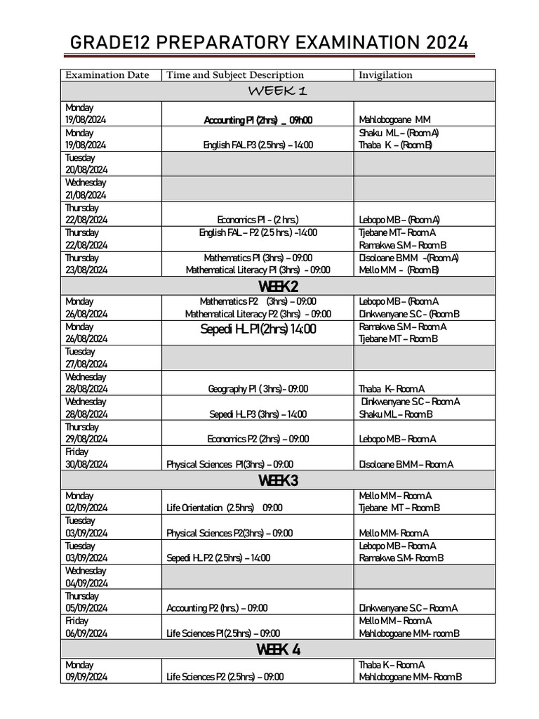 Grade 12 Preparatory Exam Schedule 2024 | PDF | Science | Social Science