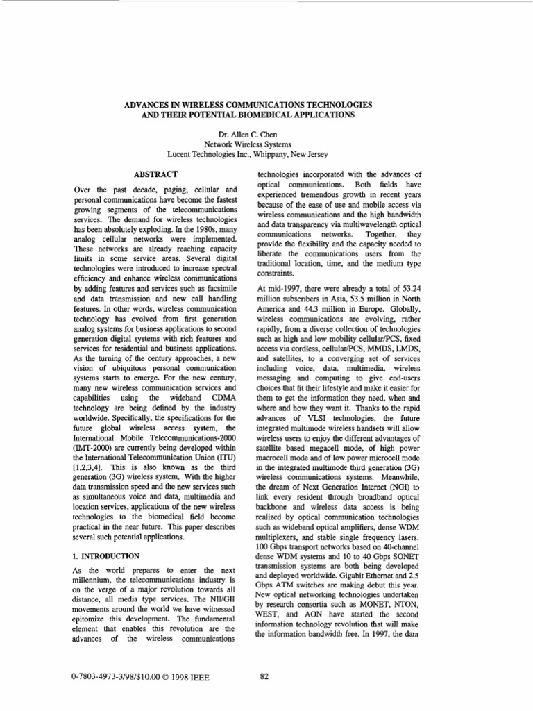 Advances in Wireless Communications Technologies and Their Poten | PDF