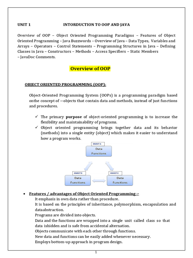 CS3381 Oop Notes Unit1 | PDF