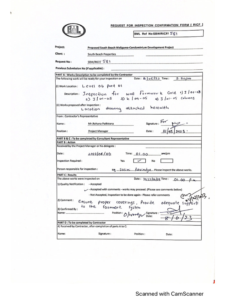 SBW-RICF-581 Inspection For Wall Formwork Grid - J-01-05, k-04-05, J-01-05 Columns Level 06 Part ...