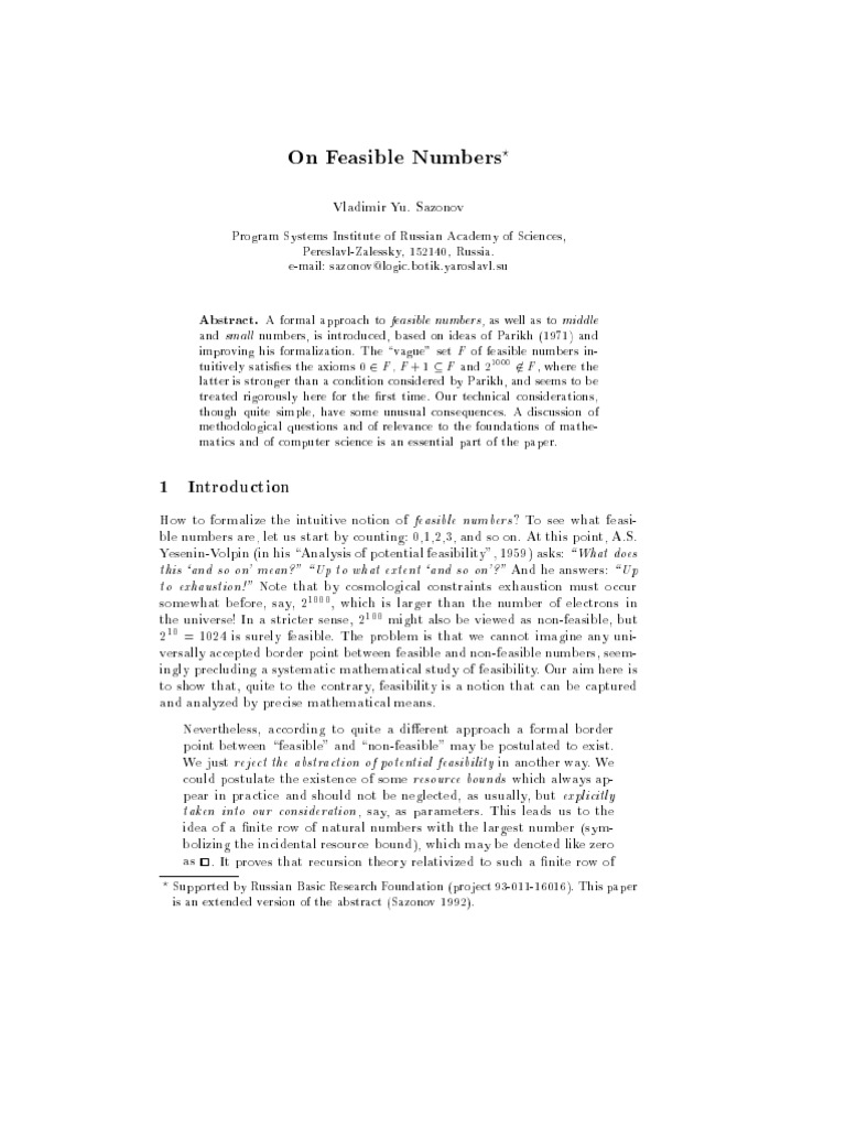 Vladimir Yu. Sazonov - On Feasible Numbers | PDF | Axiom | Mathematical ...