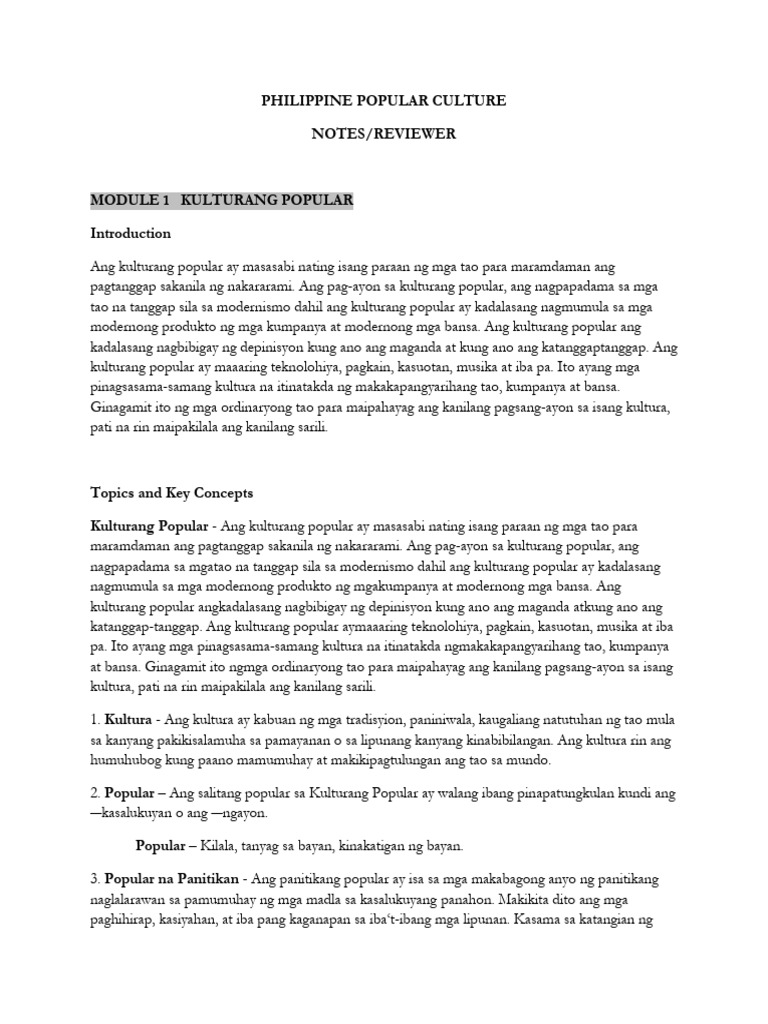 Philippine Popular Culture Notes | PDF