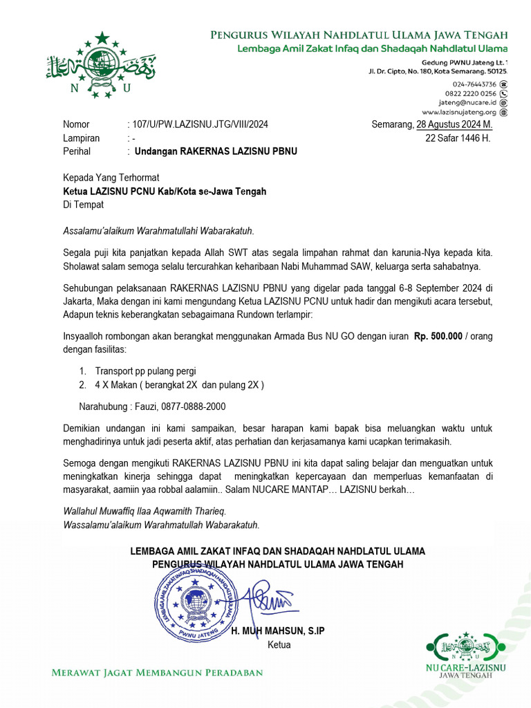 Undangan Dan Rundown Perjalanan Menuju RAKERNAS LAZISNU PBNU 2024 | PDF