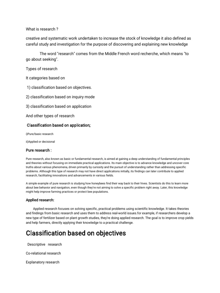Types of Research and Their Classification in Research Methodology | PDF