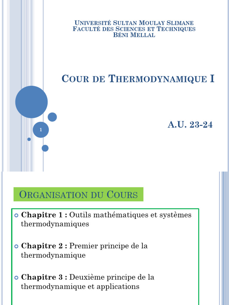 Cours Thermodynamique MIPC Avril 2024 CHAP1 | PDF