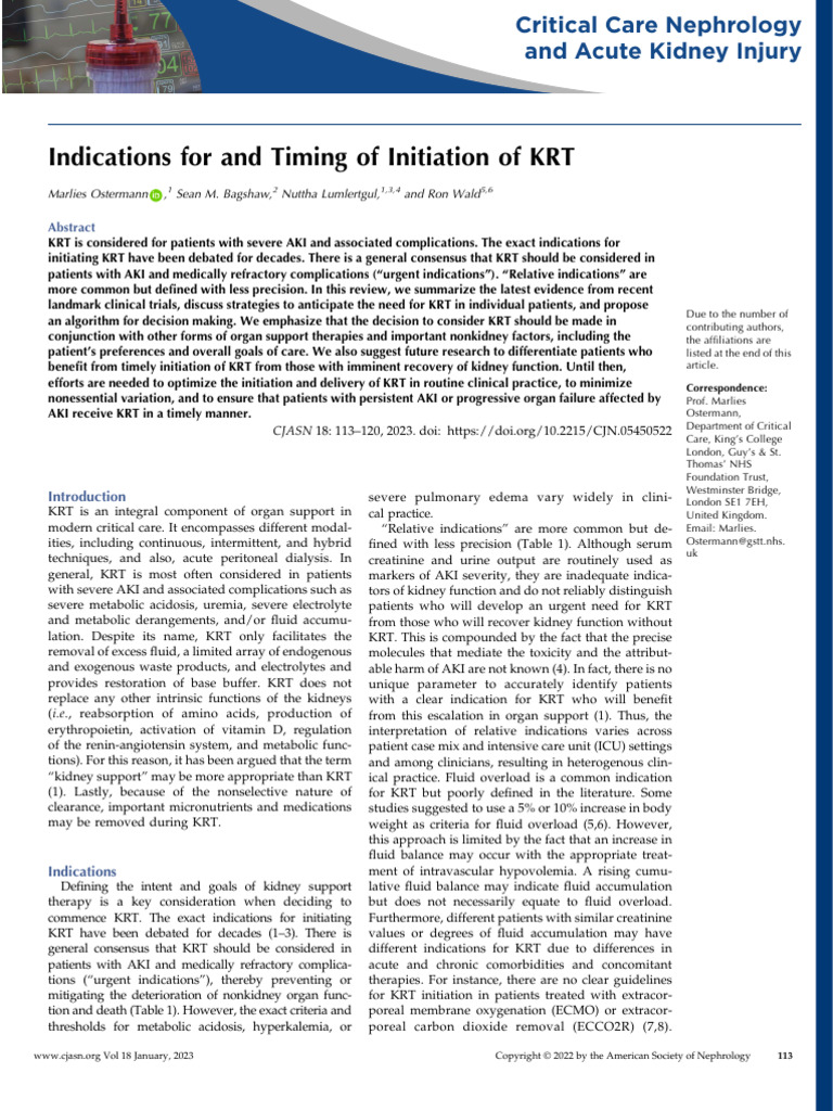 Indications For and Timing of Initiation of KRT | PDF | Sepsis | Kidney