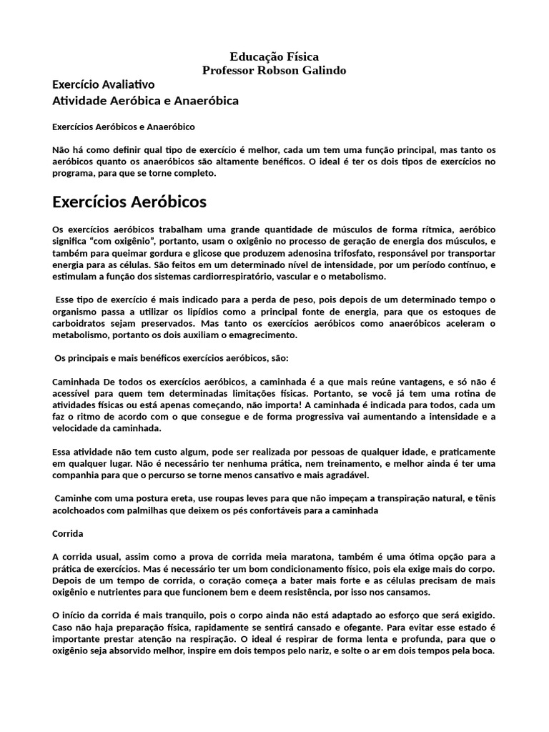 Exercicio Avaliativo Aeróbico e Anaeróbico | PDF