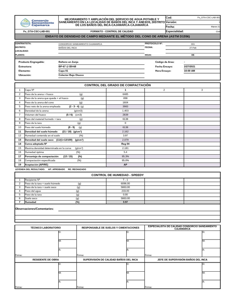 Fo - GTA-CSC-LAB-001 Densidad Cono de Arena | PDF