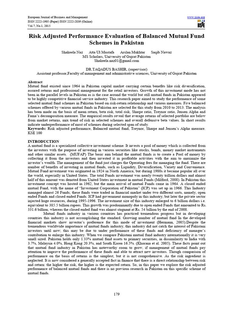 Risk Adjusted Performance Evaluation of Balanced Mutual Funds Schemes ...