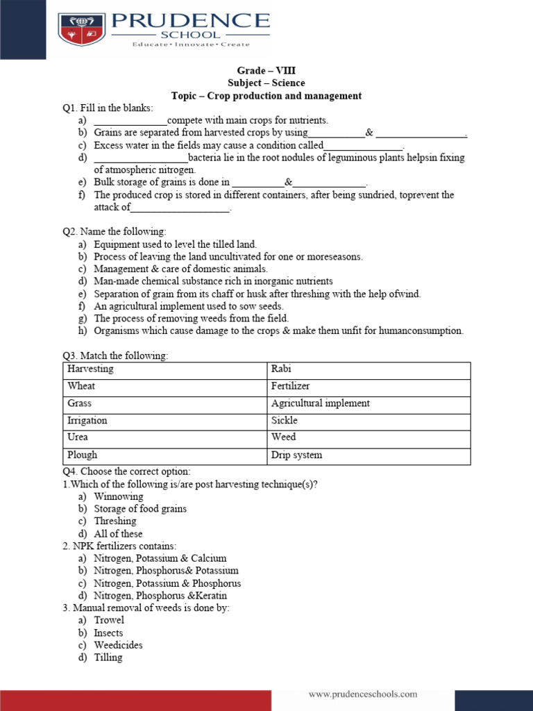 G8 - Crop Production and Management - Worksheet | PDF