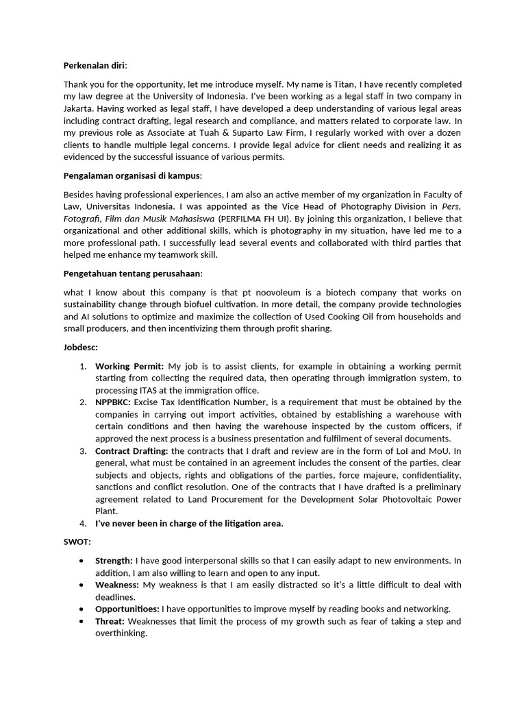 Contekan Interview - PT Noovoleum | PDF