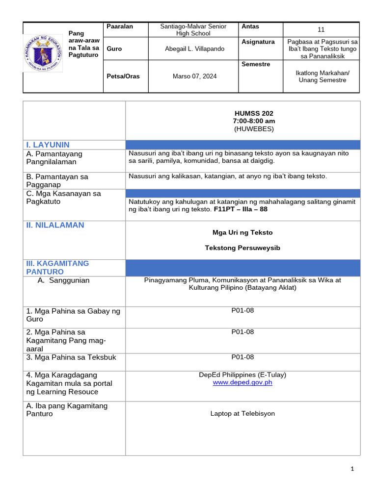 DLL - Pagpag - Cot Plan | PDF