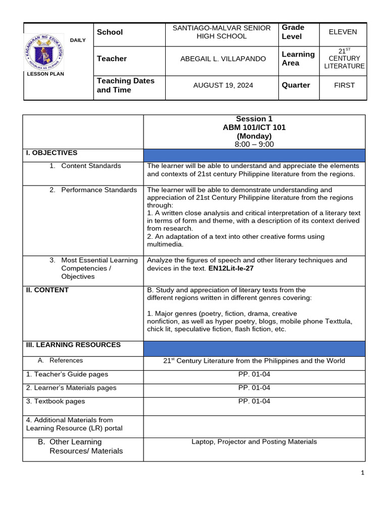 DLL - 21ST Century Lit - Cot Plan 2024 | PDF | Metaphor | Learning