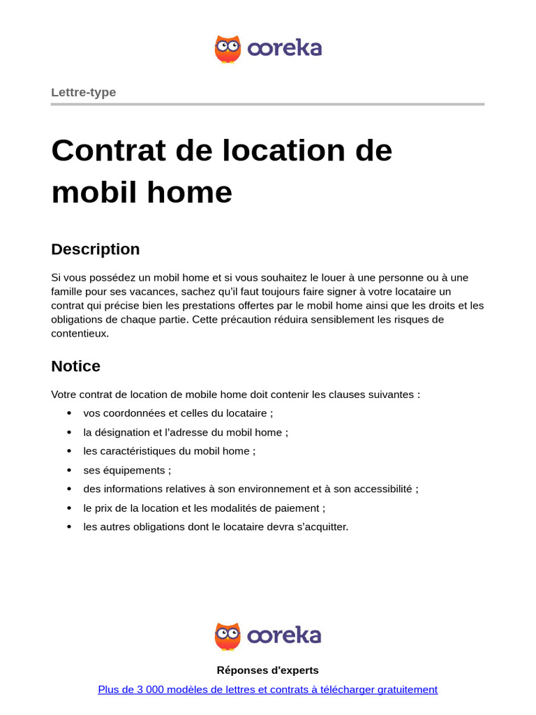 Ooreka Contrat Location Mobil Home | PDF