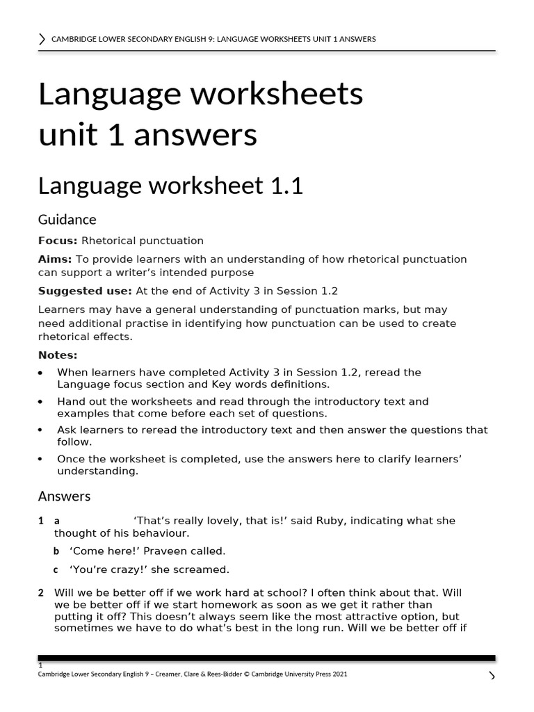 LS English 9 U1 Lang Worksheets Answers | PDF