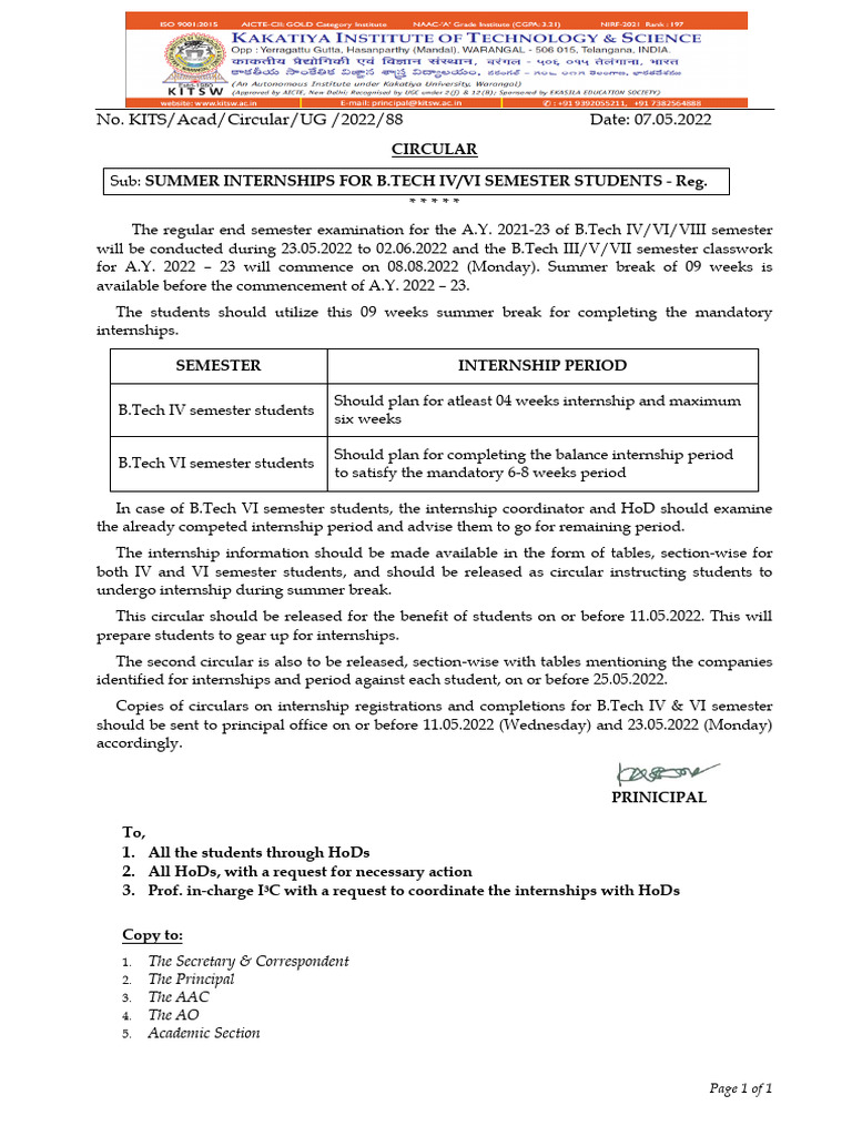 Circular - Internships For IV and VI Semester Students | PDF