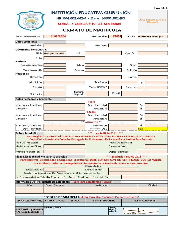 IECU Ficha Matrícula 2024 Version 12 Julio 2024 | PDF