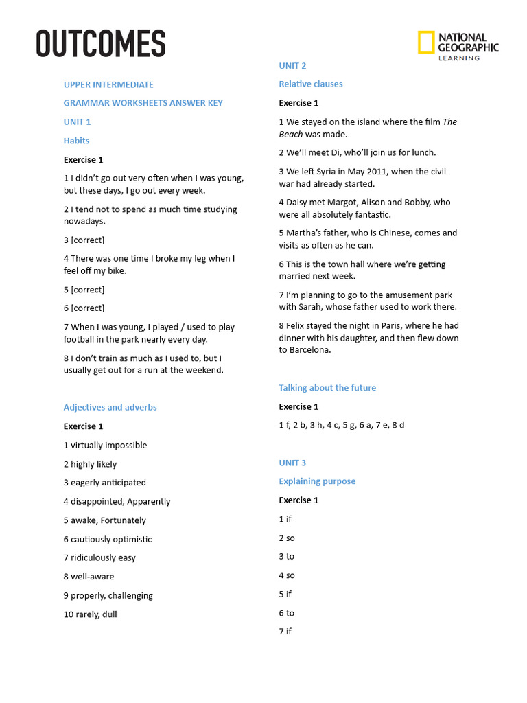 Outcomes 4 Upperintermediate Grammar Worksheets Keys | PDF