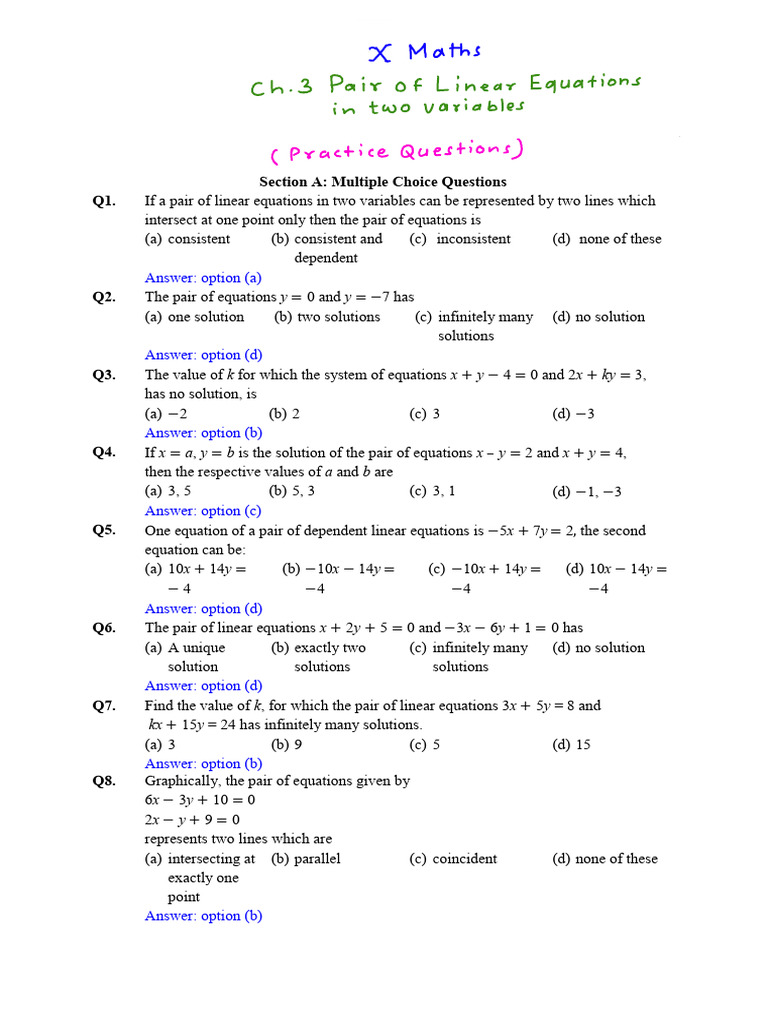 X Maths Ch3 Pair of Linear Equations in Two Variables | PDF