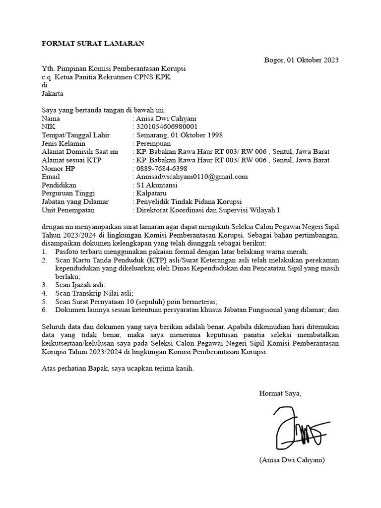 Format Surat Lamaran CPNS KPK | PDF