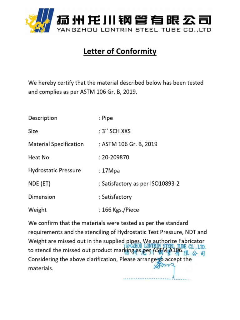 Letter of Conformity 3 Inch SCH XXS | PDF